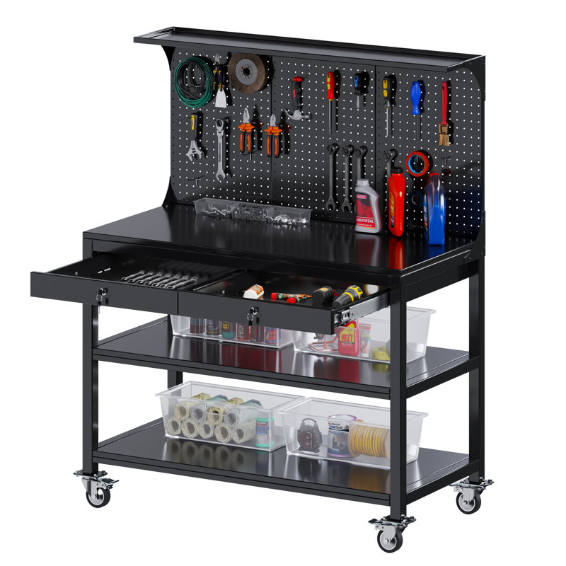 WFX Utility Workbench With Drawers heavy duty Steel Garage Workbench With Pegboard Shelves tool Bench With Wheels garage Workbench With Storage For Garage Home Workshop Auto Shop Basement black Wayfai...